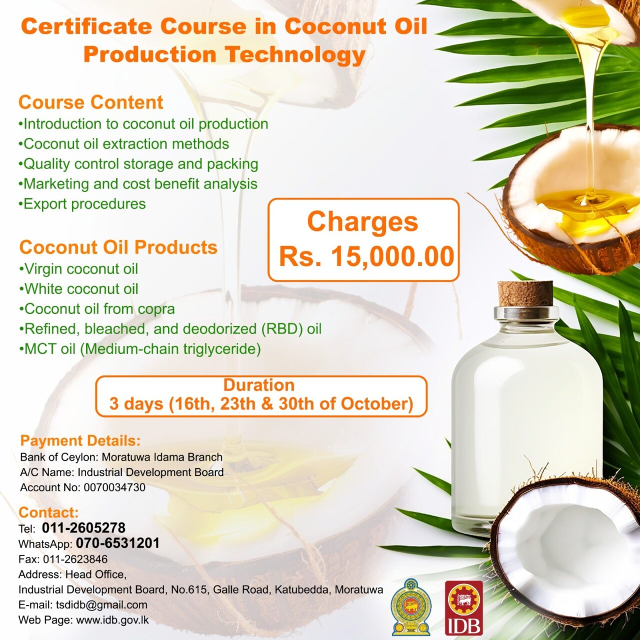 Certificate Course in Coconut Oil Production Technology | IDB